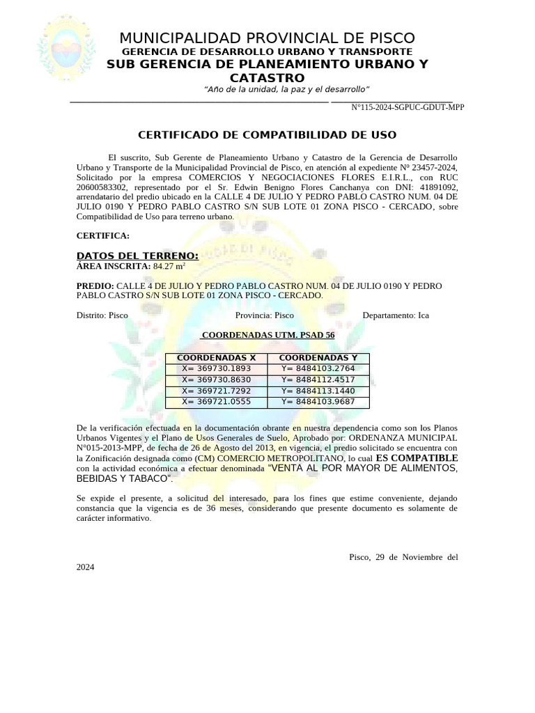 CERTIFICADO DE COMPATIBILIDAD Y USO 115 EXP. 23457 | PDF | Urbanización | Planificación