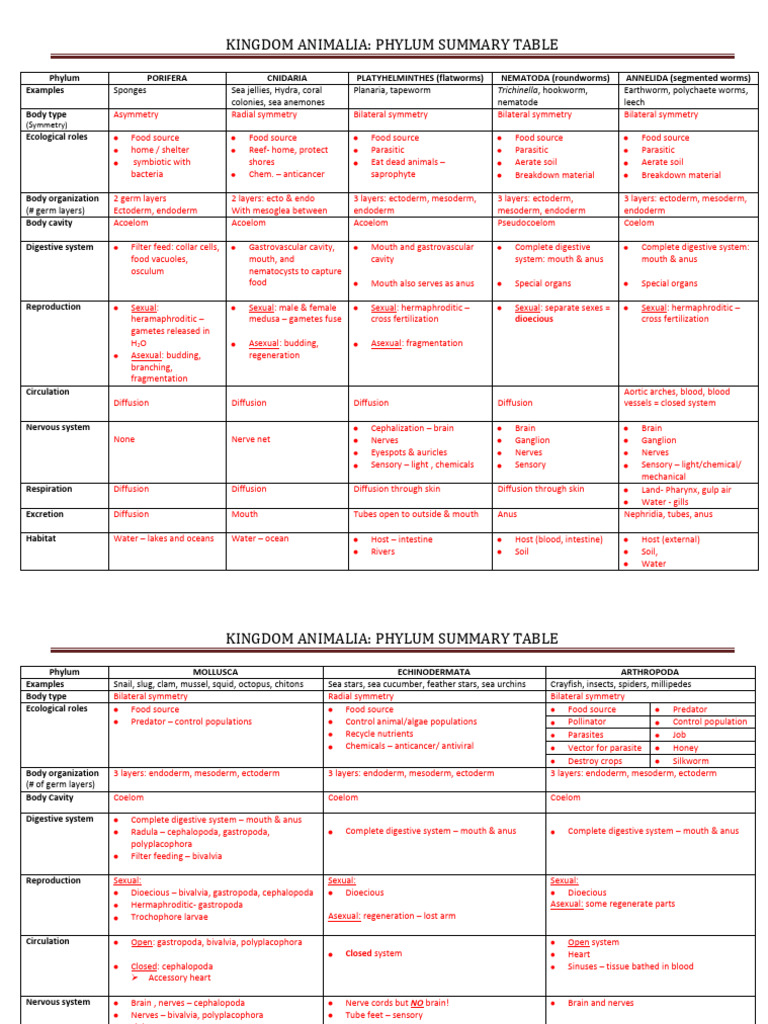Kingdom Animalia - Phylum Summary Table | PDF | Gill | Zoology