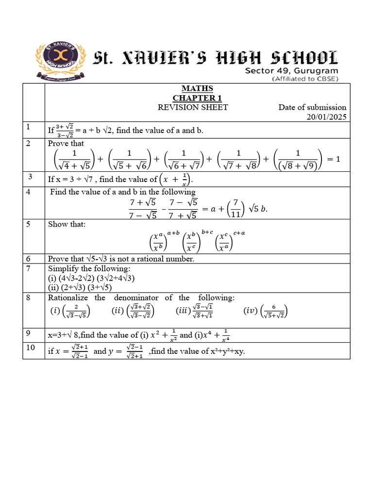 Maths Revision Sheet Chapter 1 | PDF
