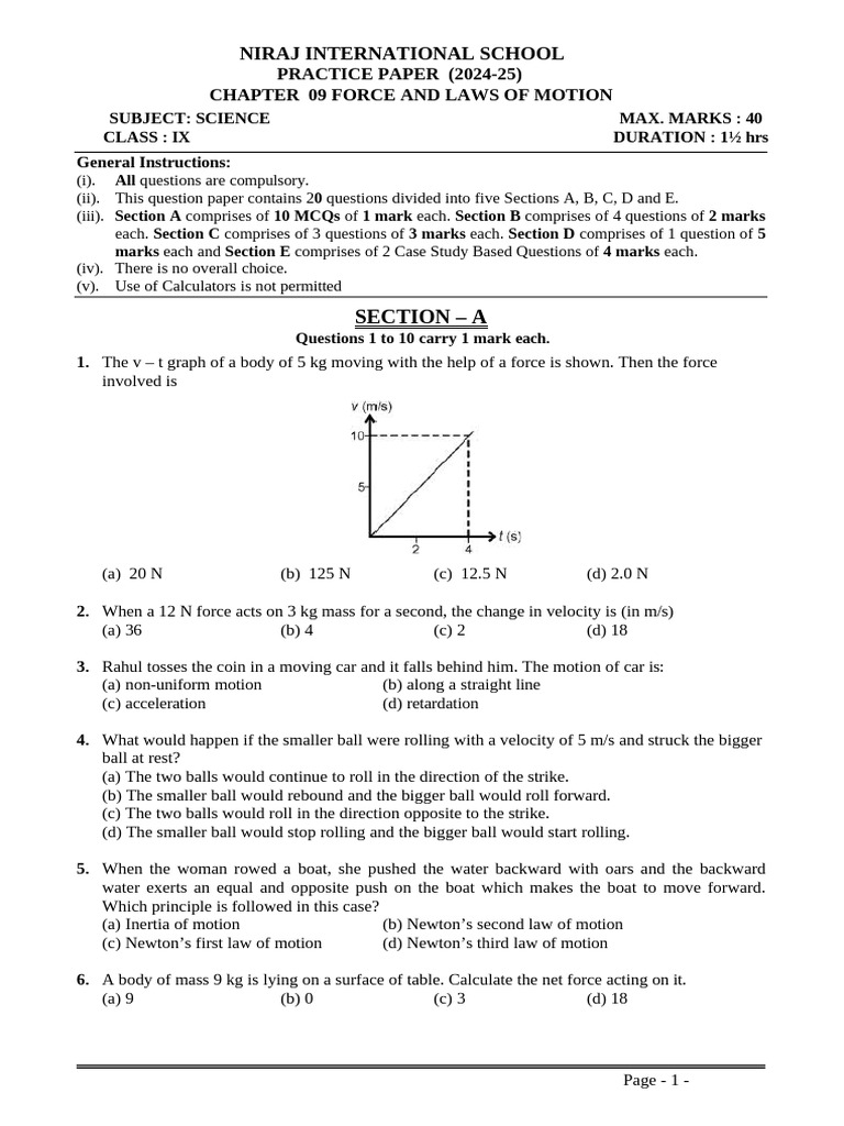Class IX Science Practice Paper: Forces | PDF | Force | Newton's Laws ...