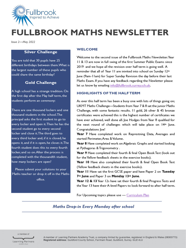 Fullbrook Maths Newsletter May 2022 | PDF | Mathematics