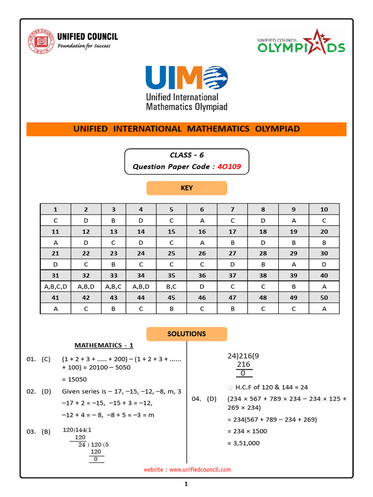 CL - 6 - UIMO-2024-Paper-4O109 Key | PDF | Mathematics | Elementary ...