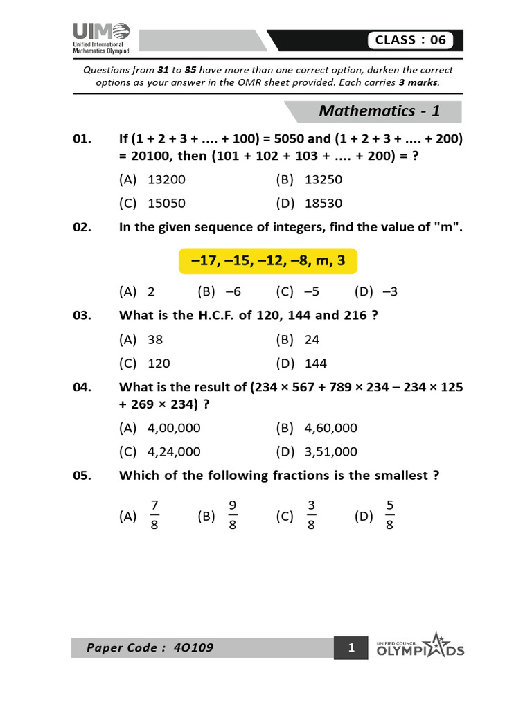 CLASS 6 UIMO-2024-25-Paper 4O109 | PDF | Mathematics