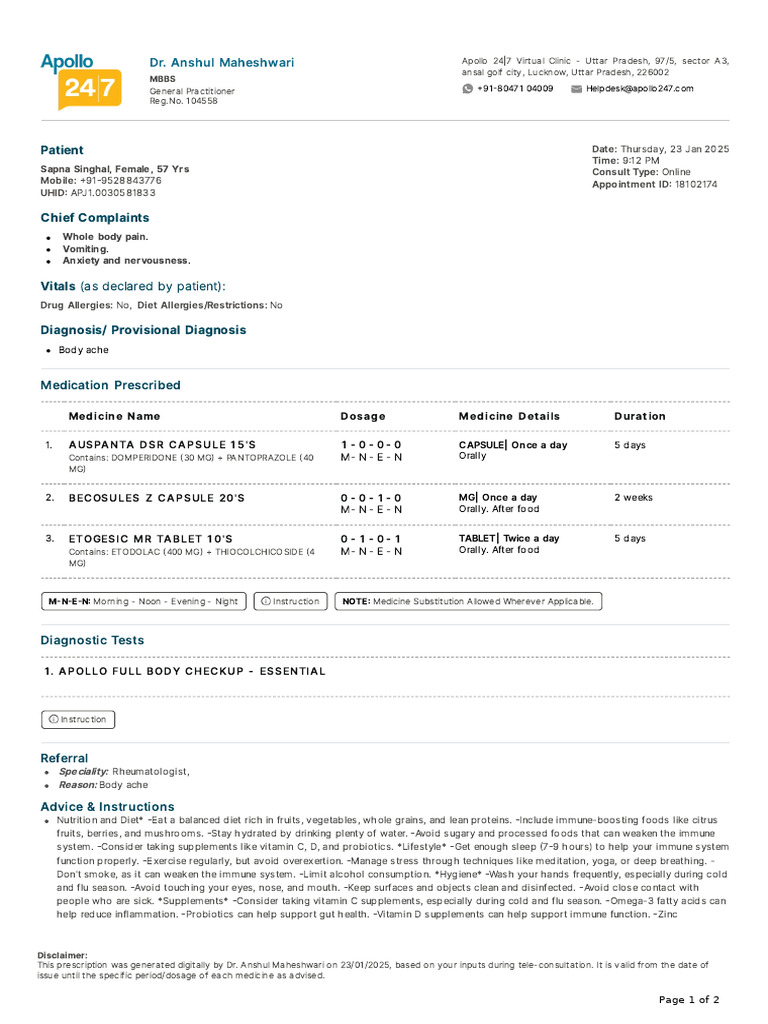 Prescription_Apollo 2471737647830010 | PDF | Hygiene | Infection