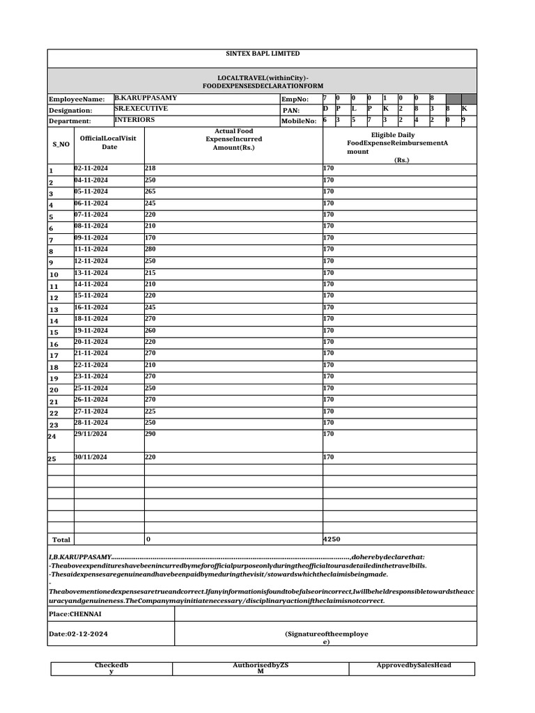 Food Expense Declaration Form | PDF