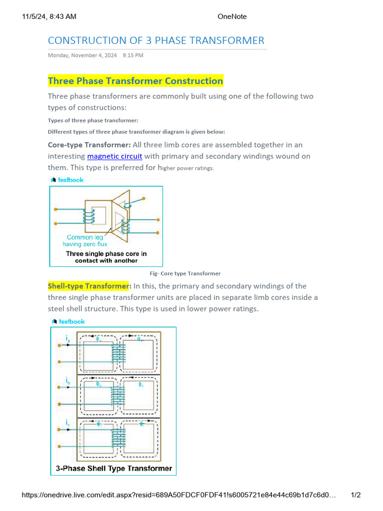 CONSTRUCTION OF 3 PHASE TRANSFORMER - Microsoft OneNote Online | PDF