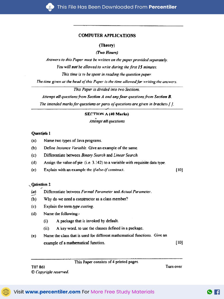 ICSE Computer QP 2007 - Percentiler | PDF