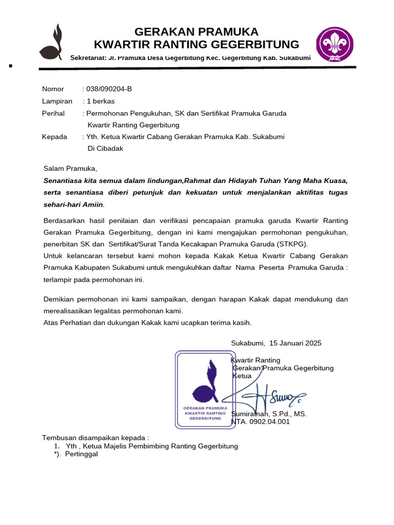 Permohonan Pengukuhan Pramuka Garuda-Gegerbitung OK | PDF