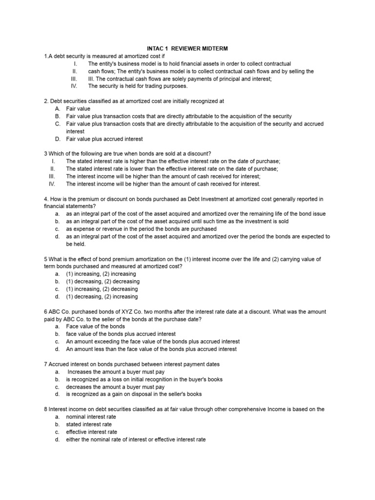 Intac1 Midterm Reviewer | PDF | Fair Value | Bonds (Finance)