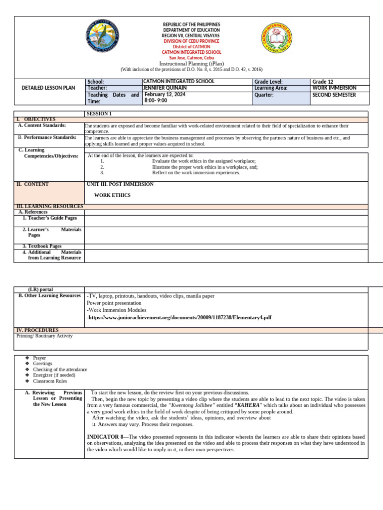 LP Co2 Sample DLP Work Immersion | PDF | Learning | Teachers