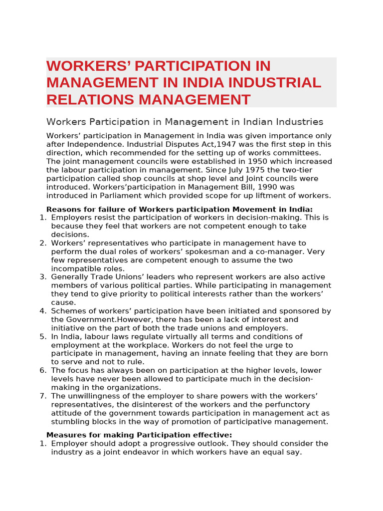 WORKERS participation in management | PDF | Employment | Trade Union