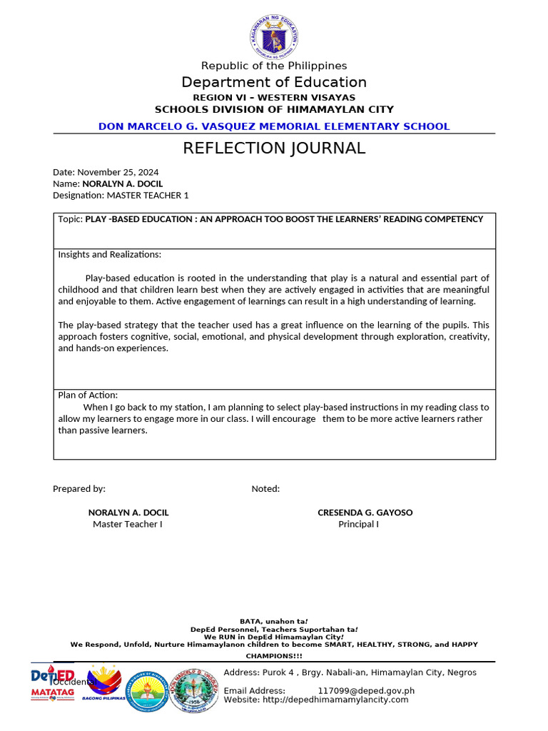 Teacher Reflection Journal | PDF | Learning | Reading Comprehension