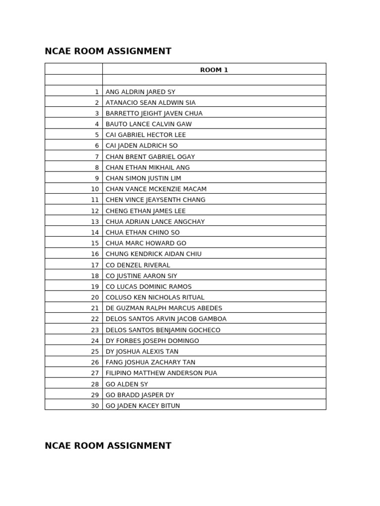 NCAE Room Assignment For Printing | PDF