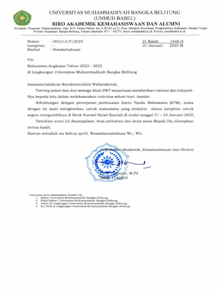 003 - Surat Pemberitahuan Pengambilan KTM Angkatan 2022-2023 | PDF