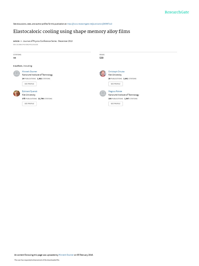 Elastocaloric Cooling Using Shape Memory Alloy Fil | PDF | Heat ...