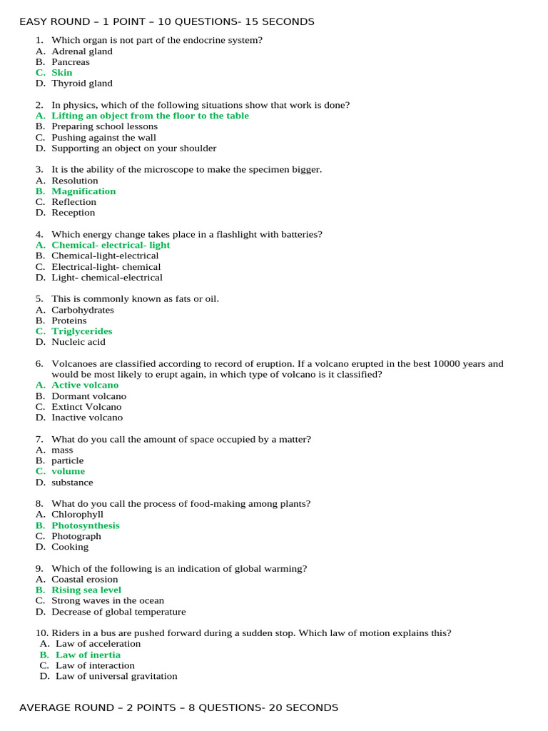 Science Quiz: 10 Questions Challenge | PDF | Volcano | Matter
