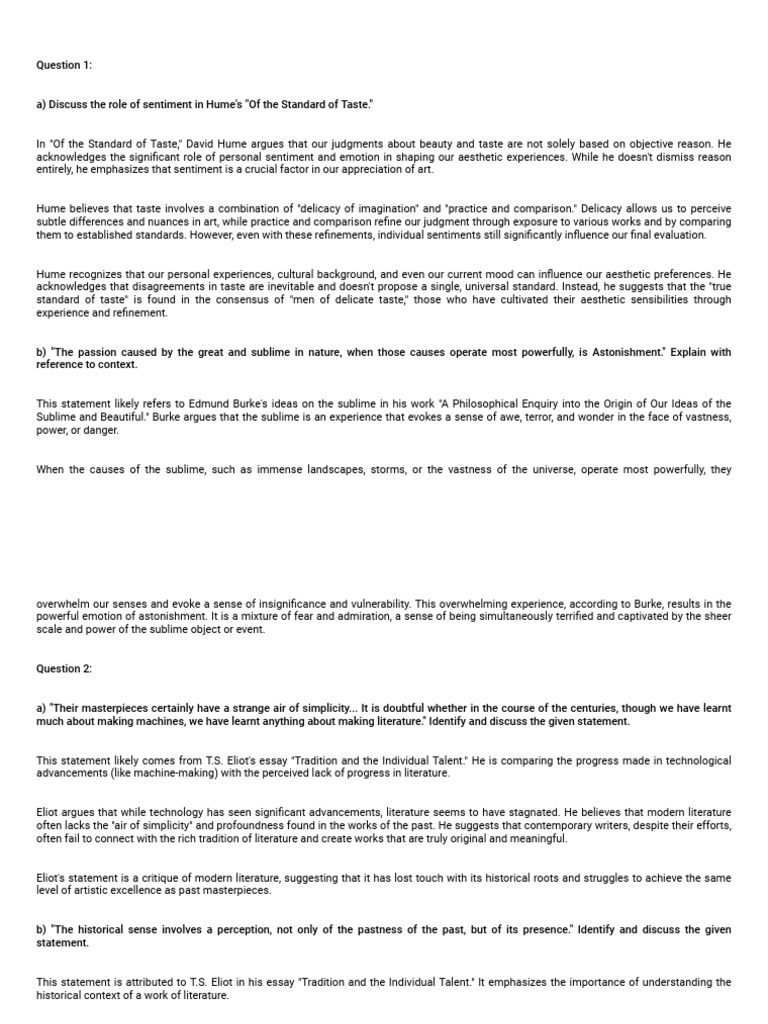 Lit Critics Previous Question | PDF | Aesthetics | Experience