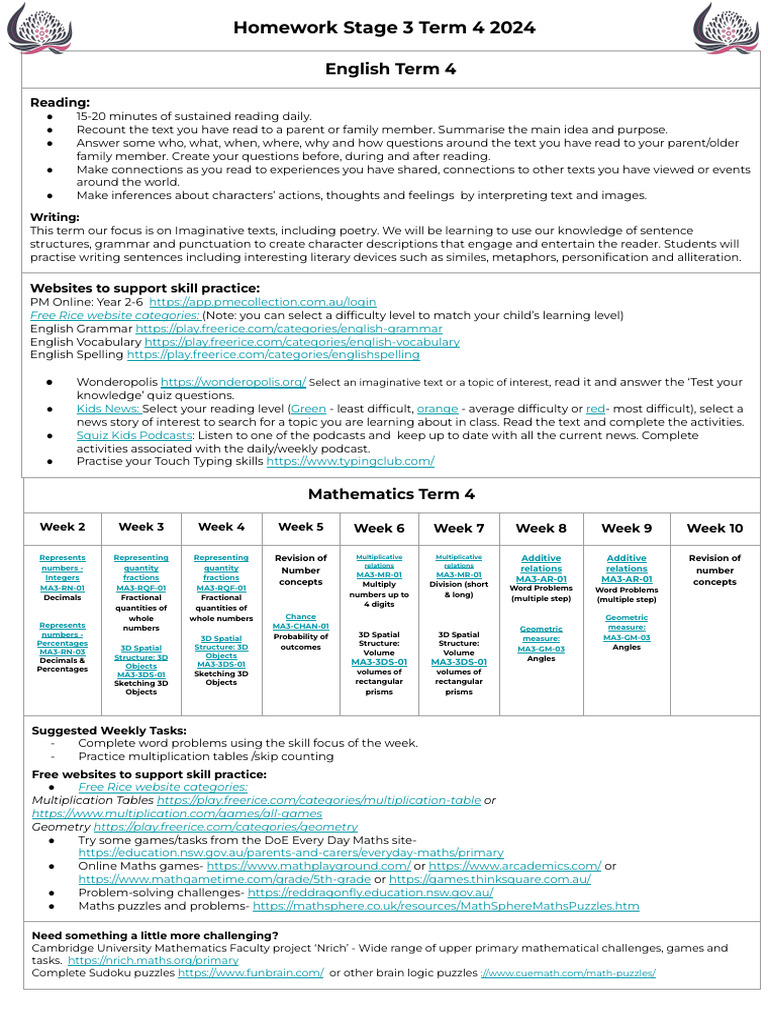Term 4 Homework Stage 3 | PDF | Multiplication | Mathematics