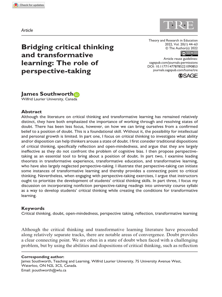 Southworth 2022 Bridging Critical Thinking and Transformative Learning The Role of Perspective ...