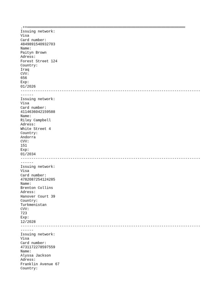 Sample Visa Card Data | PDF