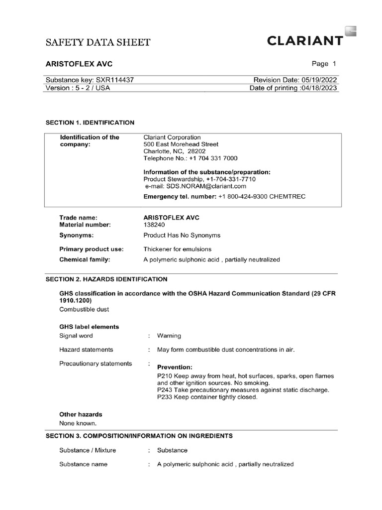 MSDS Aristoflex Avc | PDF