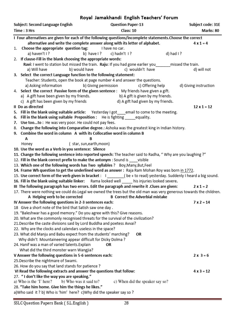 10th STD SL English Model Question Paper-13 2023-24 by Royal Jamakhandi ...