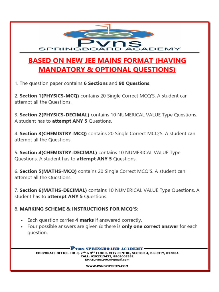 TEST INSTRUCTIONS_JEE New Format | PDF | Multiple Choice | Numbers