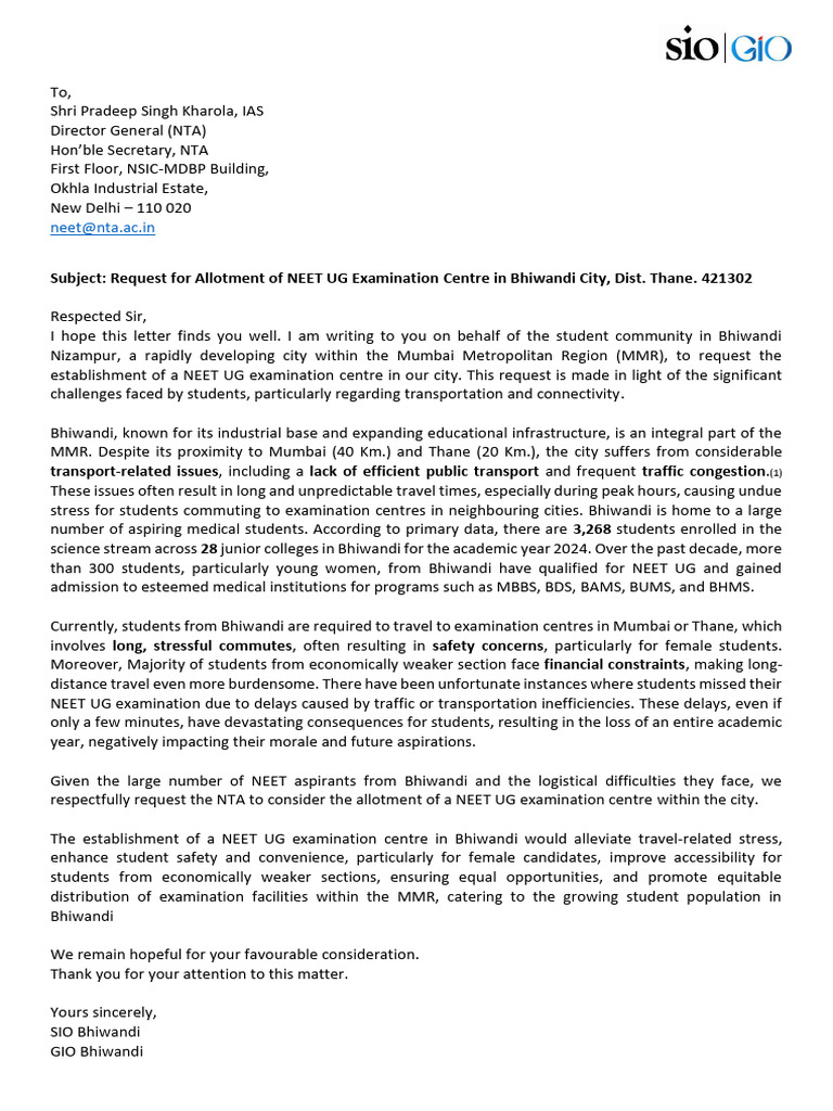 NEET Centre Allocation Letter | PDF