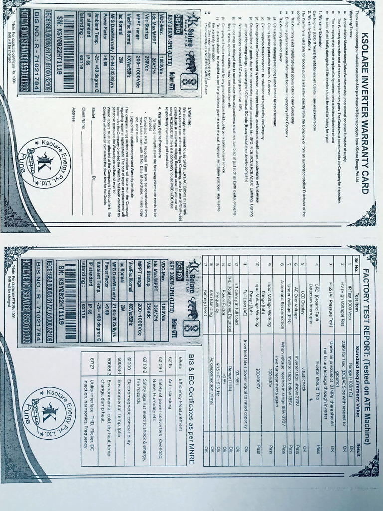 KSolare Inverter Warranty and Test Report | PDF | Electrical Equipment ...