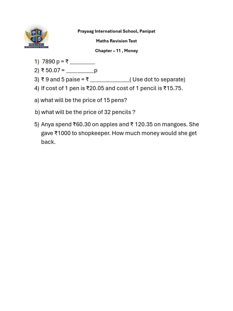 Maths Revision: Money Chapter Test | PDF