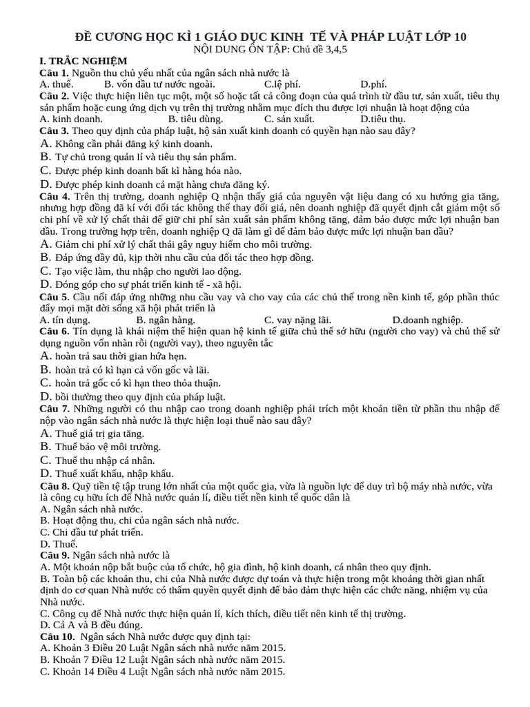 ĐỀ CƯƠNG HKI- L10 | PDF