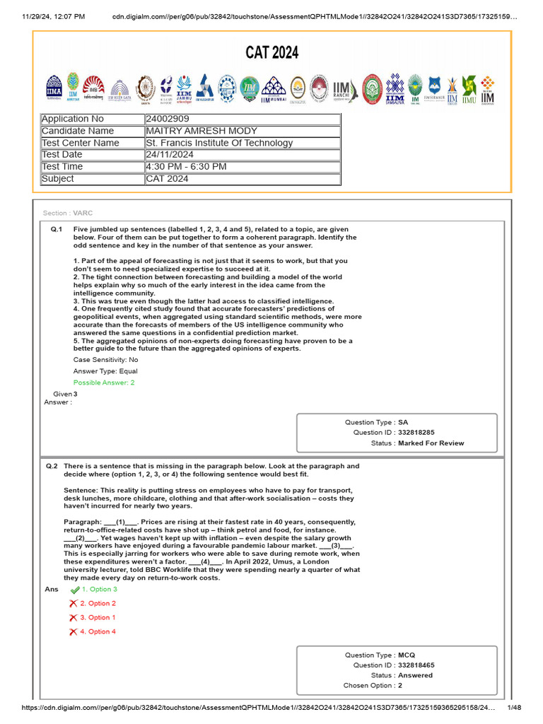 CAT 2024 Answer Key Overview | PDF | Artificial Intelligence ...