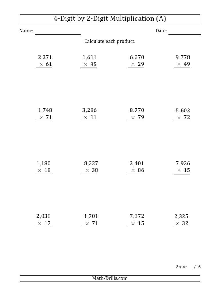 4-Digit by 2-Digit Multiplication Quiz | PDF