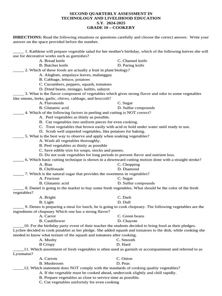 Grade 10 Cookery Assessment Guide | PDF | Vegetables | Cooking