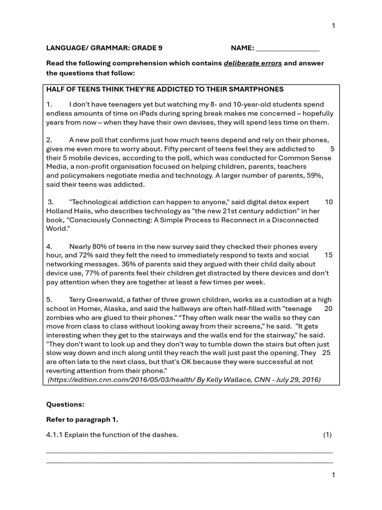 GR9 Language Revision Students 2024 | PDF | Adolescence | Grammar