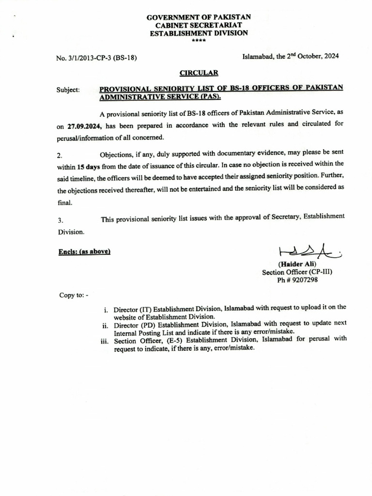 Provisional Seniority List of PAS BS-18 | PDF