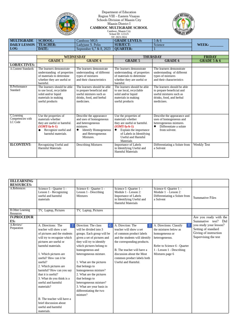 Daily Lesson Plan Science W2 - September 6, 7, & 8, 2023 - Copy2 | PDF ...
