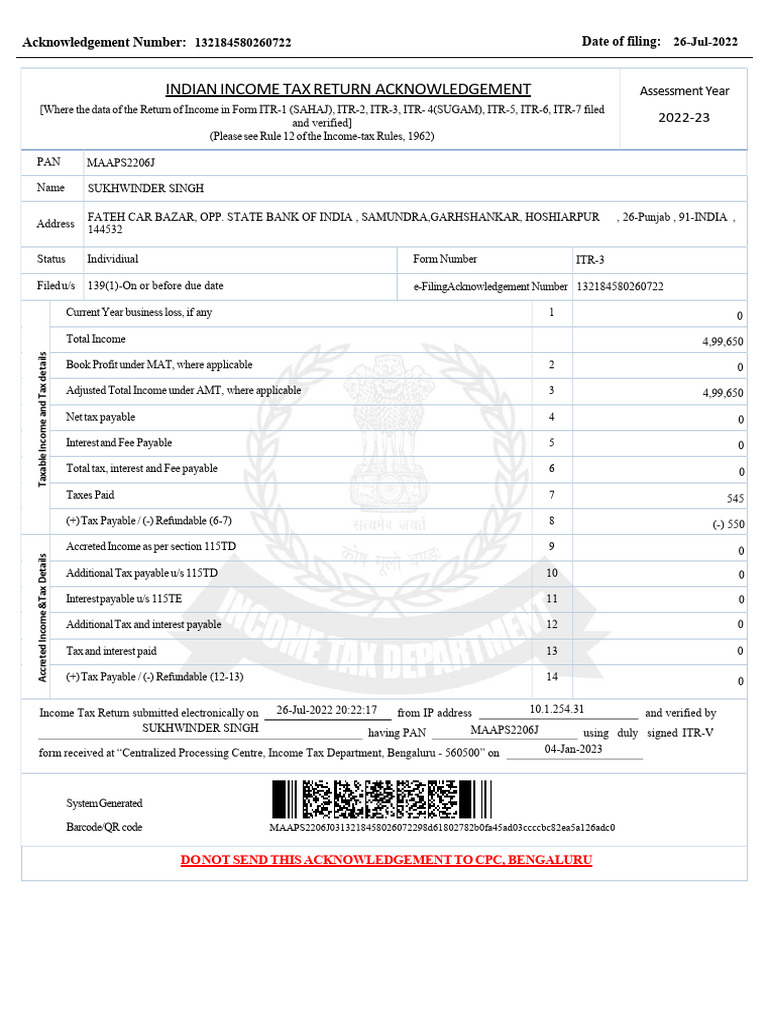 Income Tax Return Acknowledgement 2022 | PDF | Taxes | Personal Finance