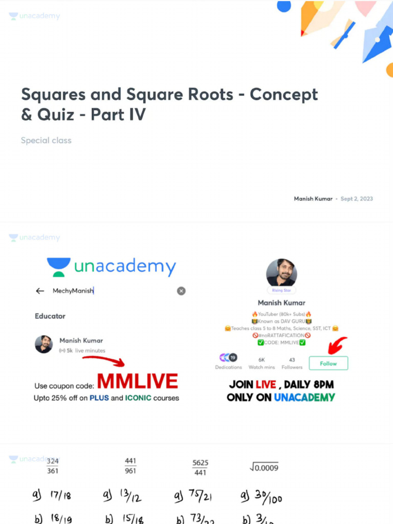 Squares and Square Roots Concept Quiz Part IV No Anno | PDF