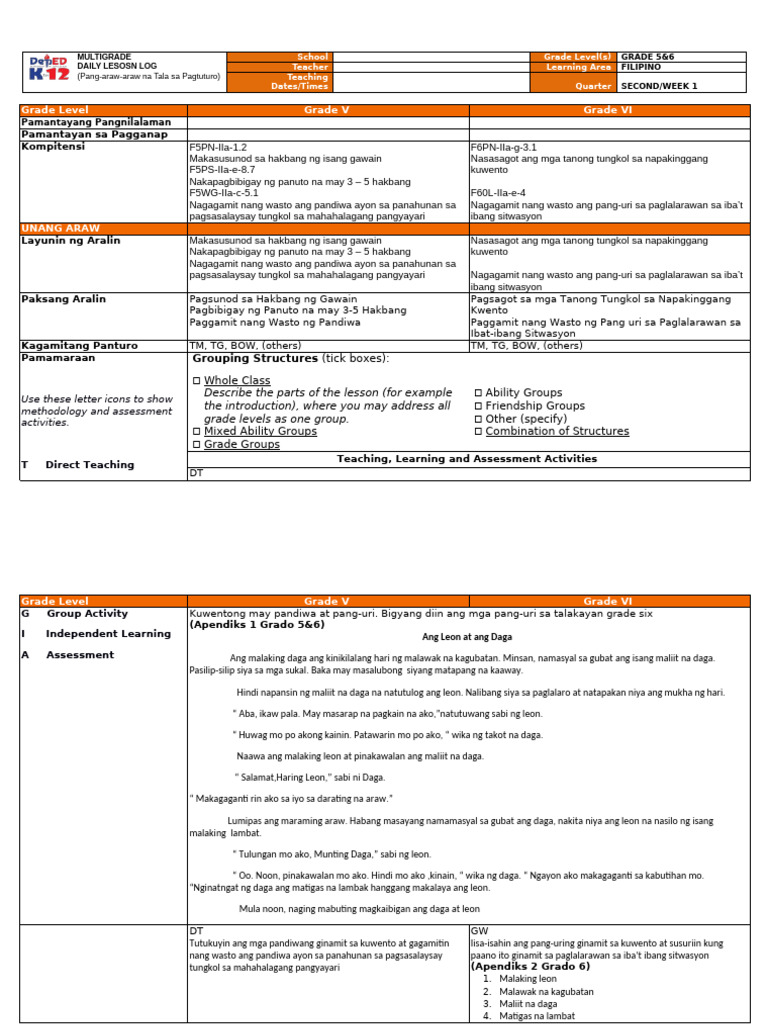 Filipino 5&6 Q2 - W1 DLP | PDF