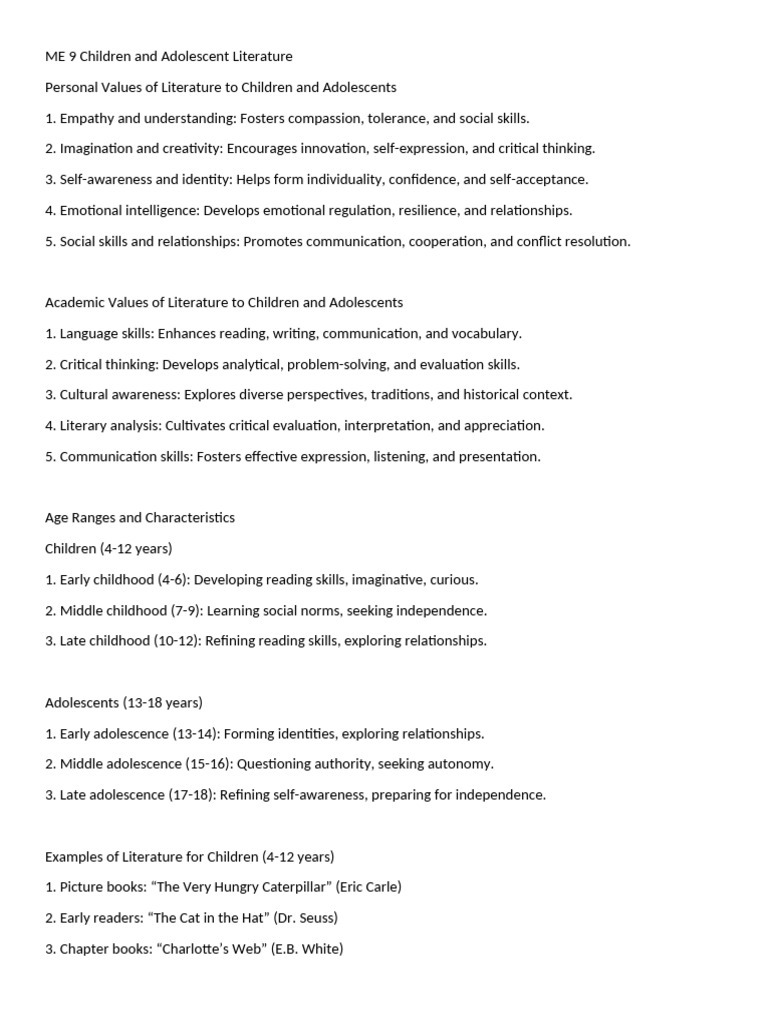 Values of Literature for Youth | PDF | Adolescence | Critical Thinking