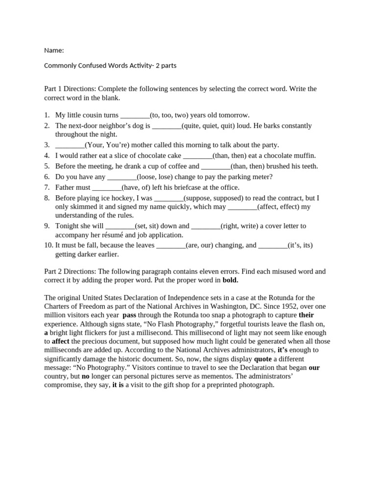 Commonly Confused Words Exercise | PDF