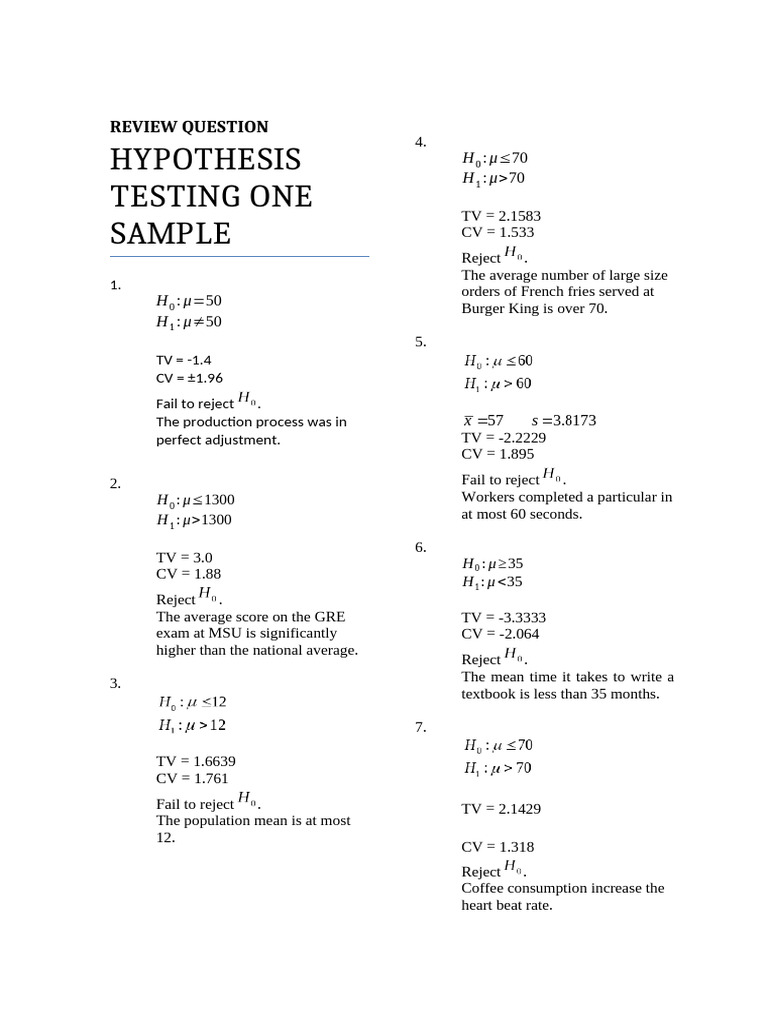 Chapter 3 Hypothesis Testing One Sample Pdf Evidence Data Collection