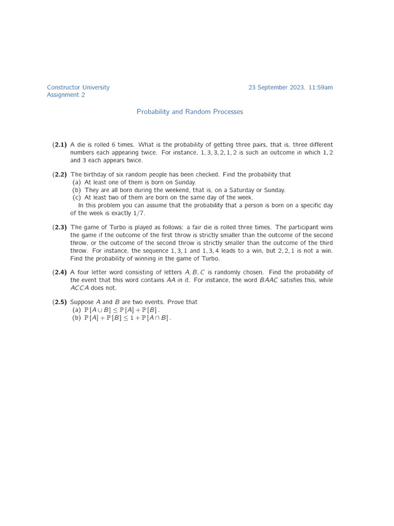 Probability and Random Processes PS2 | PDF