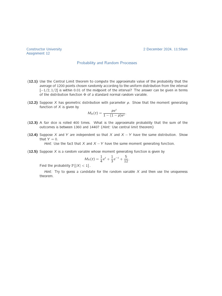 Probability and Random Processes PS12 | PDF