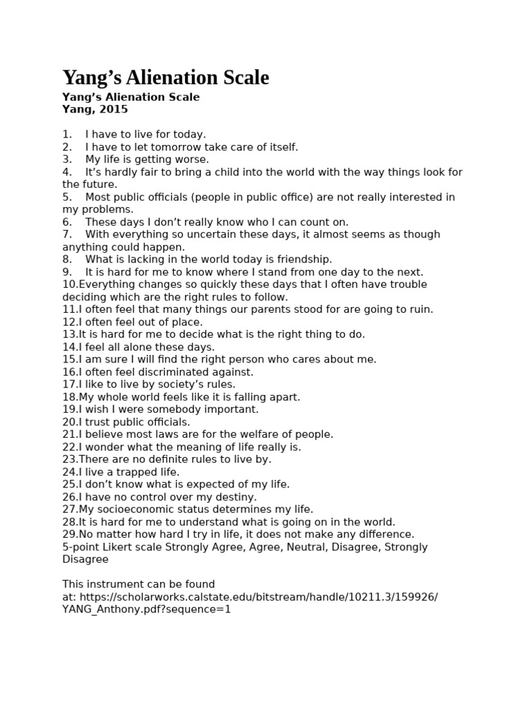 Yangs Alienation Scale | PDF