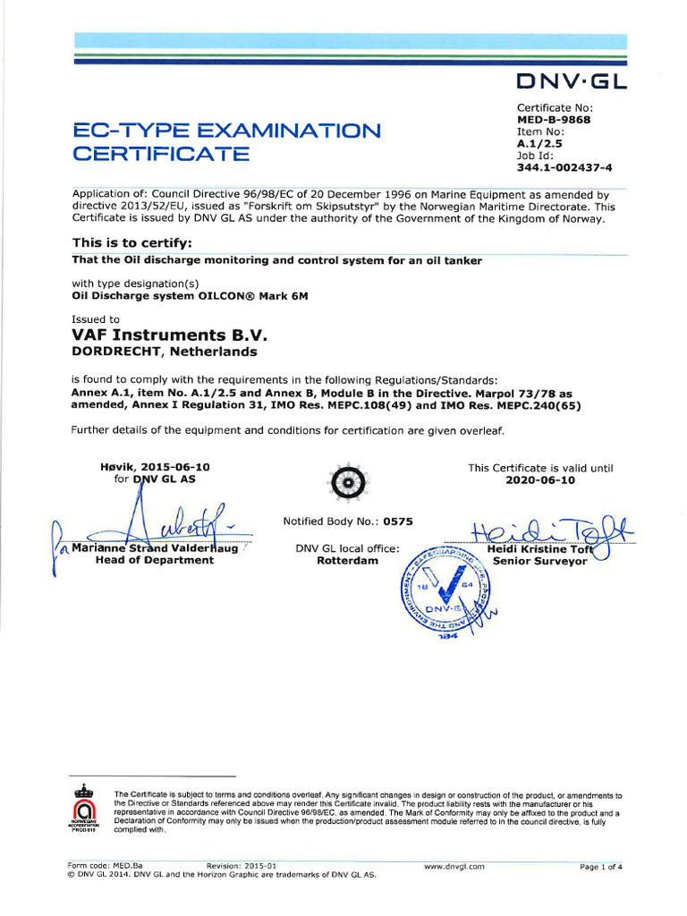 Dnv Gl Oil Discharge and Control System Oilcon Mark 6m | PDF