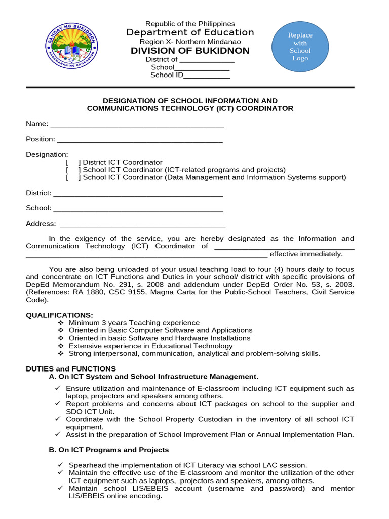 ICT Coordinator Designation in Schools | PDF | Educational Technology | Information And ...