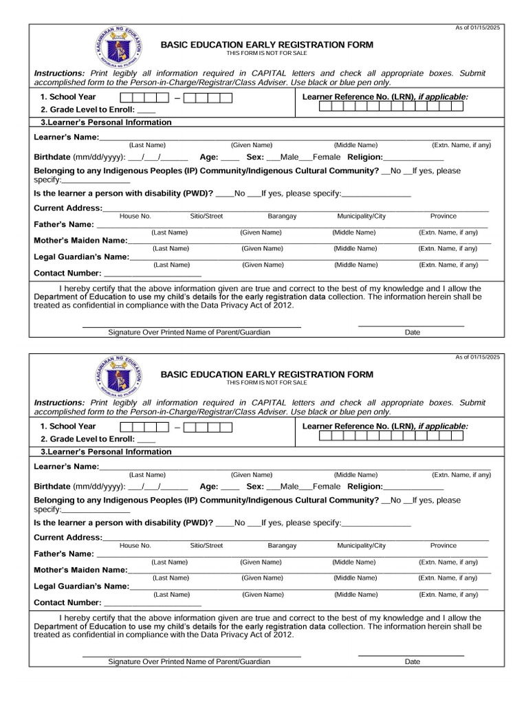 Early Registration Form 2025-2026 | PDF