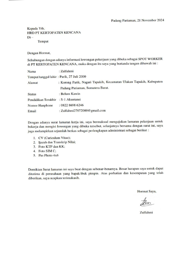 Surat Lamaran Zulfahmi - 2 | PDF